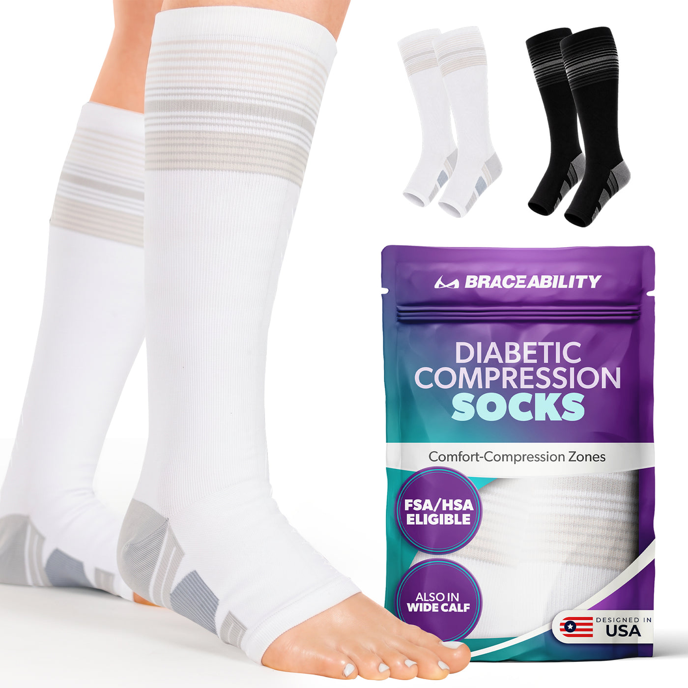 BraceAbility Knee High Diabetic Socks - 20-30 mmHg Relief