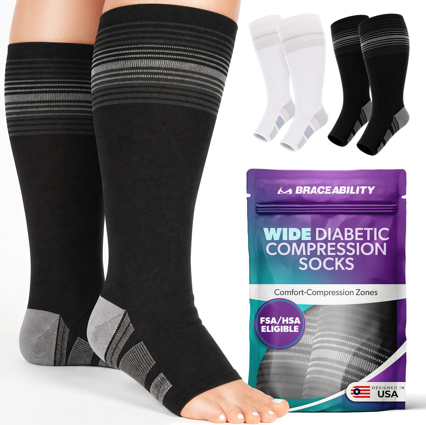 BraceAbility Knee High Diabetic Socks - 20-30 mmHg Relief